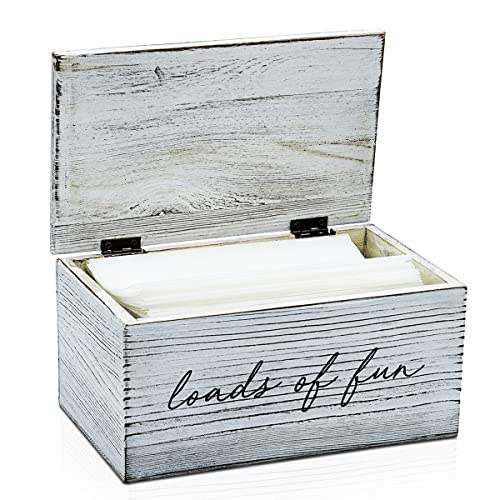 Queen and Oak Dryer Sheet Holder - Rustic Farmhouse Wooden Box with Hinged Lid Dispenser for All Fabric Softener Sheets High Capacity Laundry Room Decor Grayish White 8*4.8*4 inch