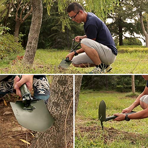 REDCAMP Military Folding Camping Shovel,High Carbon Steel Entrenching Tool Tri-fold Handle Shovel with Cover,Green 2.5lbs