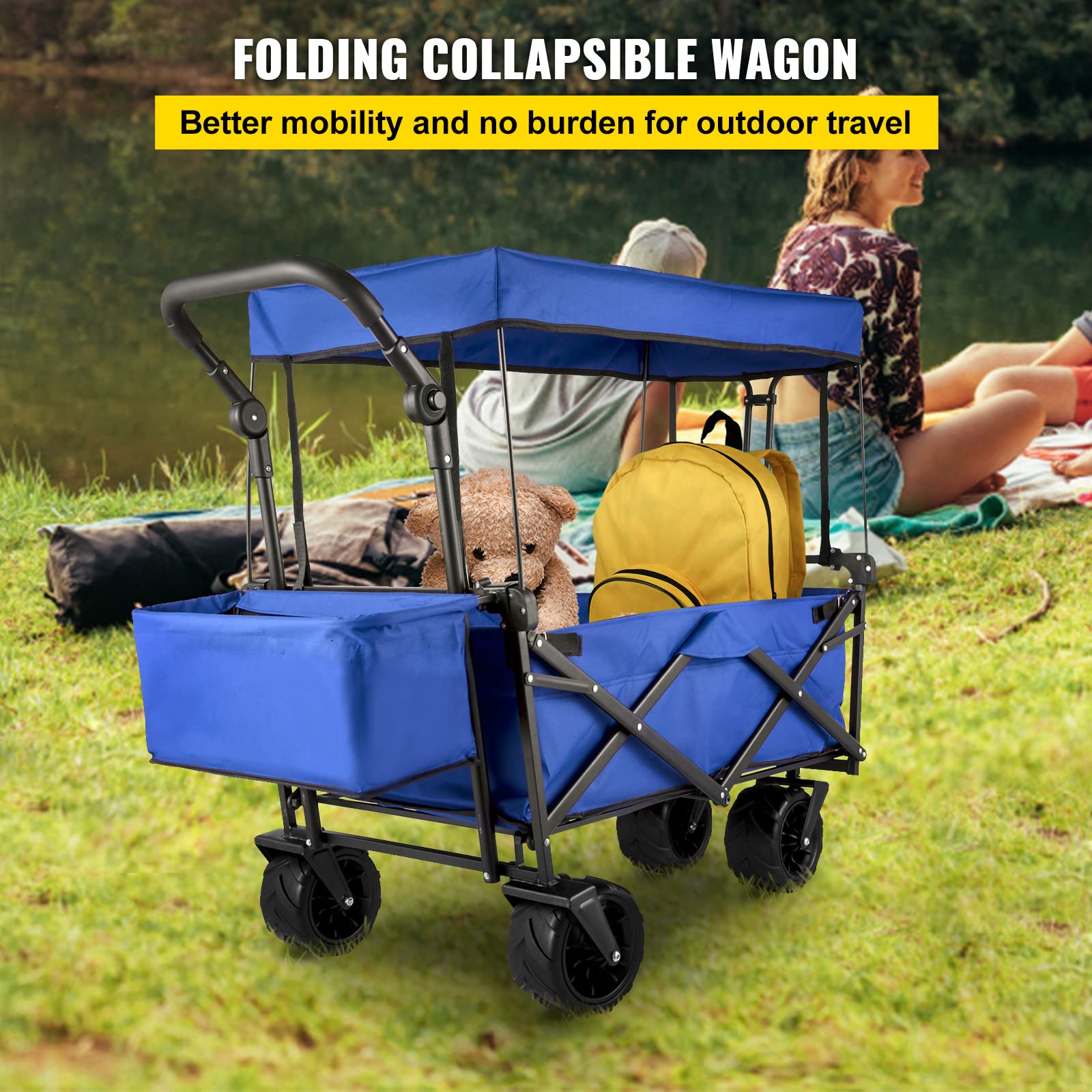 HAPPYBUY Extra Large Collapsible Garden Cart/Wagon with Removable Canopy, 220lbs Capacity Push& Pull Utility Cart with Rear Storage; Upgrad Padded Cotton 600D OxfortSecure Lock (40IN40IN20IN, Blue)