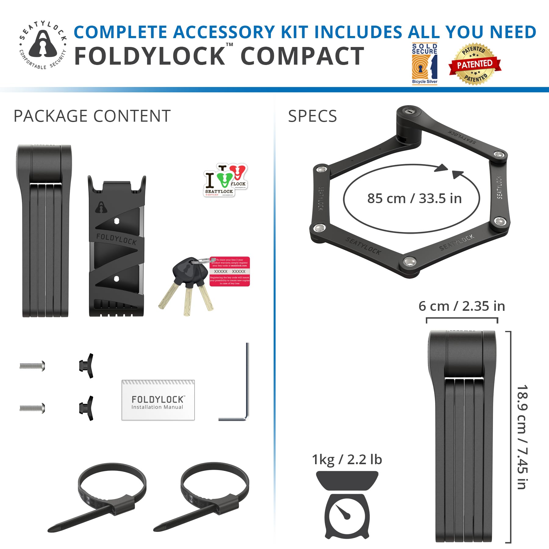 FoldyLock Compact Folding Bike Locks - Set of 2 Matching Bike Locks with 6 Identical Keys - Patented Lightweight Heavy Duty Anti Theft Locks with Carrying Cases for Bicycles and E-Bikes - 85 cm