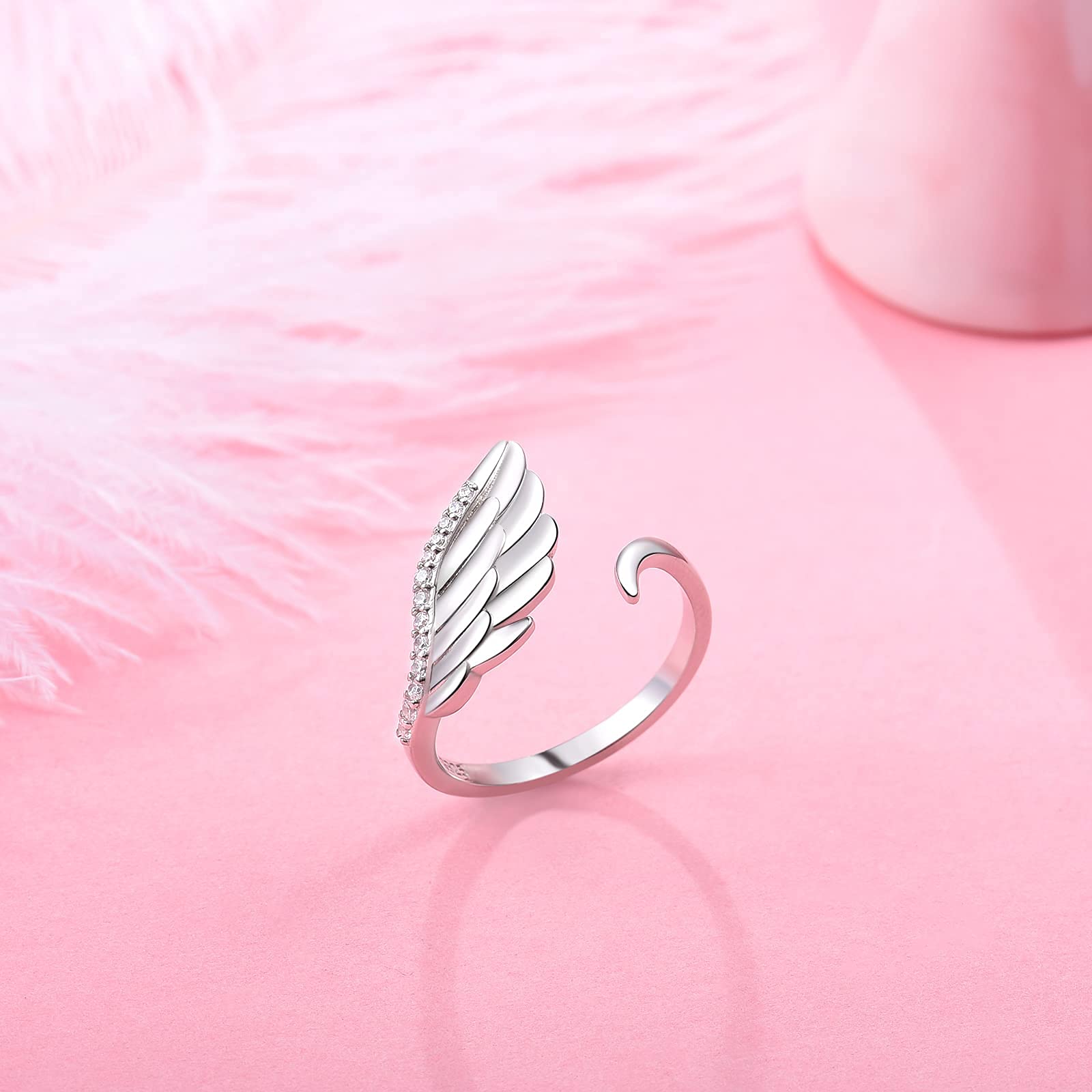Hioed 925 Sterling Silver CZ Jewelry Feather Angel Wing Open Ring Adjustable Rings for Women Gifts