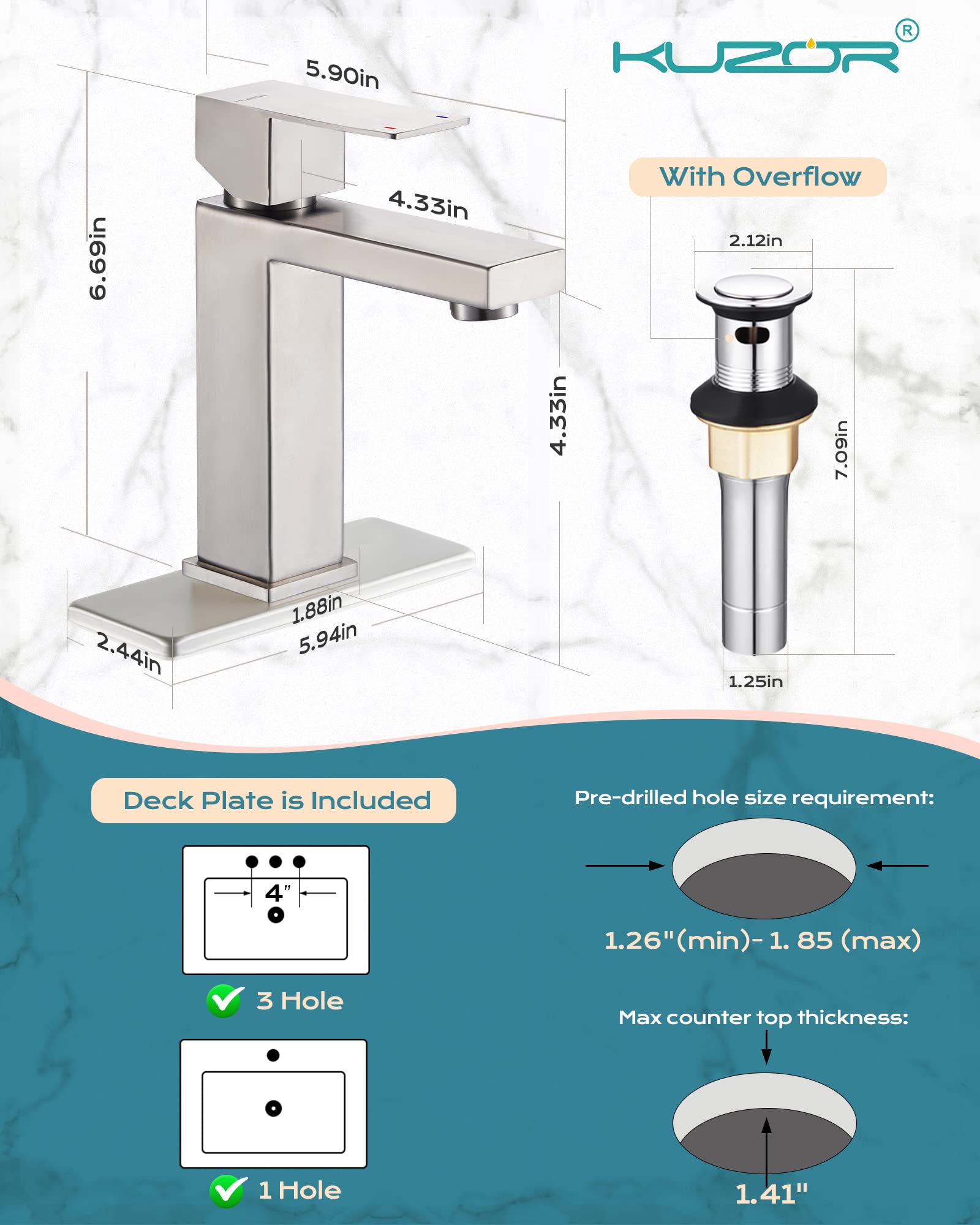 KUZOR Bathroom Faucets Single Hole, Brushed Nickel Bathroom Sink Faucet One Hole 1 Handle, 304 Stainless Steel Modern Faucet for Bathroom Sink Square