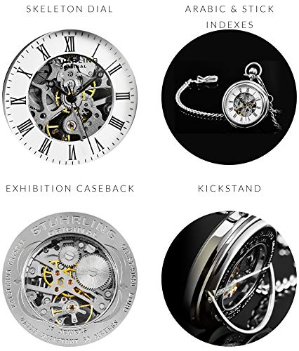Stuhrling Original Men's Pocket Watch Stainless Steel Analog Skeleton Watch Hand Wind Mechanical Movement Stainless Steel Chain