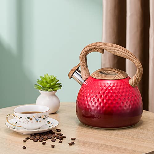 Tea Kettle, Stovetop Teapot, 2.7 Quart, Loud Whistle, Food Grade Stainless Steel and Smooth Wood Pattern Handle, Sophisticated Look for Hiking, Picnic, for Tea, Coffee, Milk (Red)