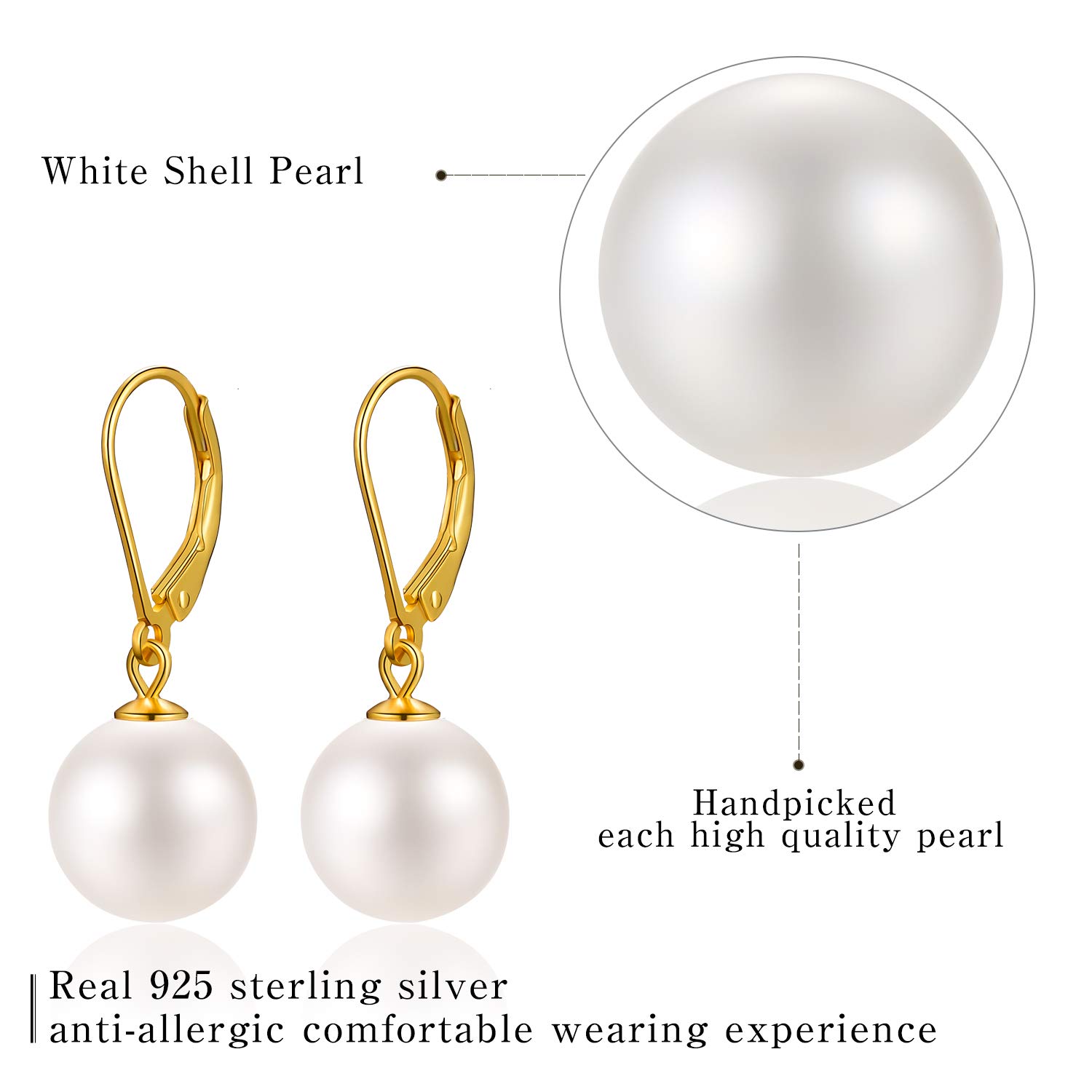 Esberry 925 Sterling Shell Pearl Silver Earrings 6-12mm Handpicked White Shell Pearl Drop Leverback Earrings for Women and Girls