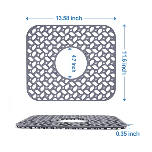 JUSTOGO Silicone Sink Mat, Grey Kitchen Sink Mats Grid Accessory, 1 PCS Folding Non-slip Sink Protector for Bottom of Farmhouse Stainless Steel Porcelain Sink (Center Drain, 13.58''x 11.6'')