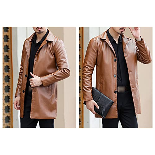 Maiyifu-GJ Men's PU Leather Trench Coat Classic Faux Leather Slim Fit Overcoat Winter Fleece Lapel Windbreaker Jacket (Khaki,Large)