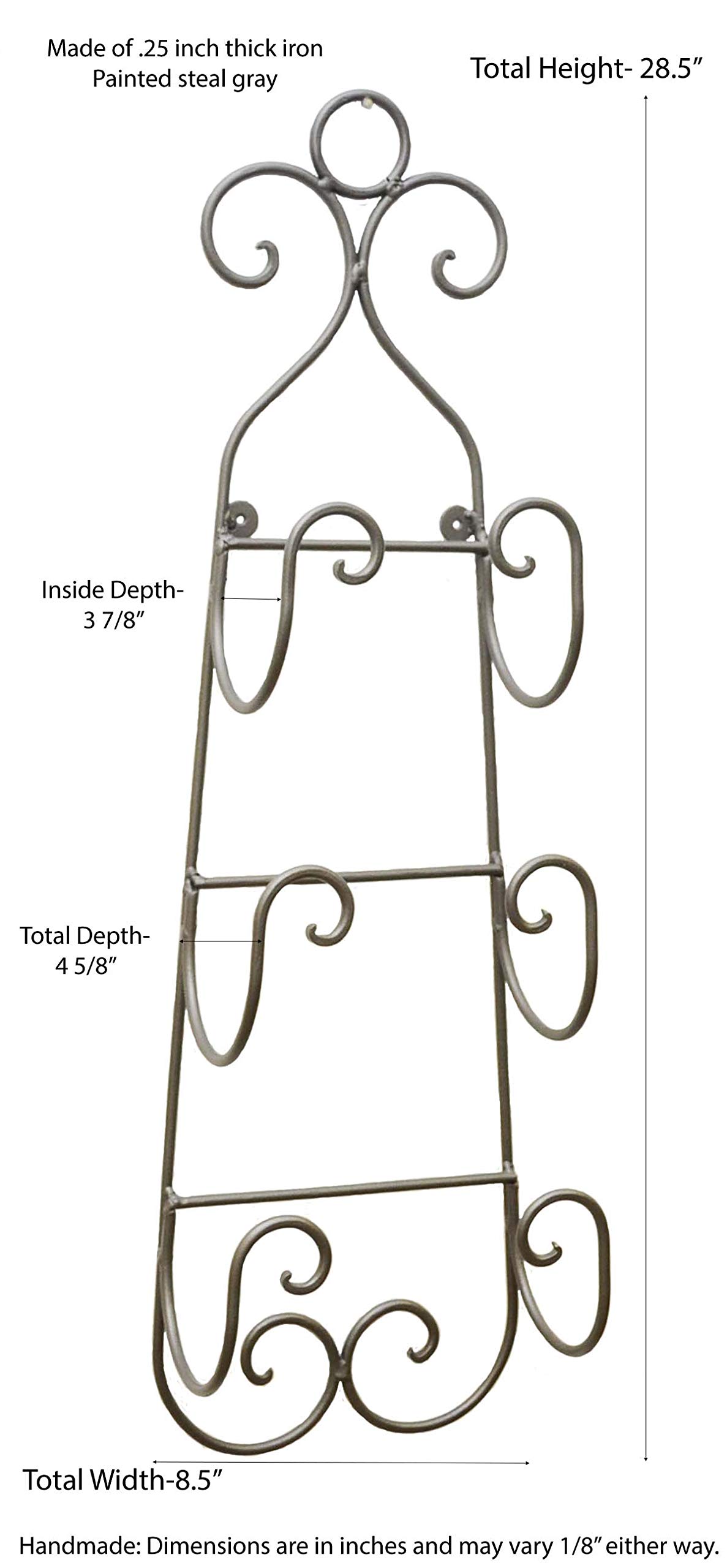 Laredo Import Wrought Iron Wall Towel Rack/Wine Rack-28.5 Inches Tall x 8.5 Inches Wide. Steel Gray Color, Holds Three.