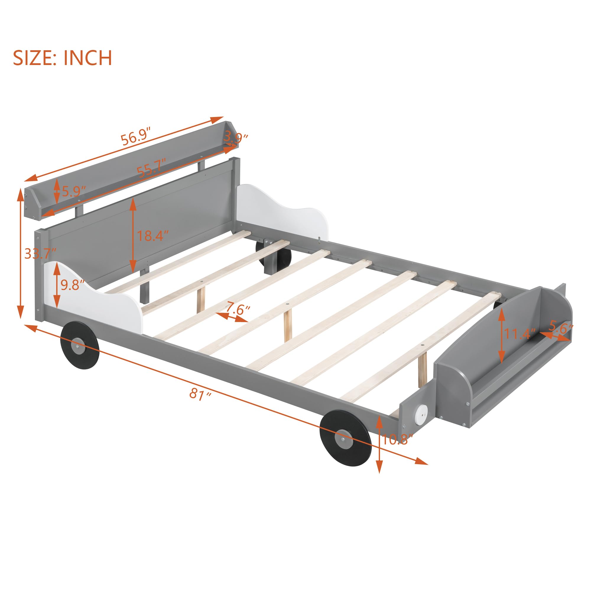 Race Car Bed Full Size, Wooden Low Bed Frame with Storage Headboard and Footboard, Playhouse Bed for Kids, Boys Girls, Gray