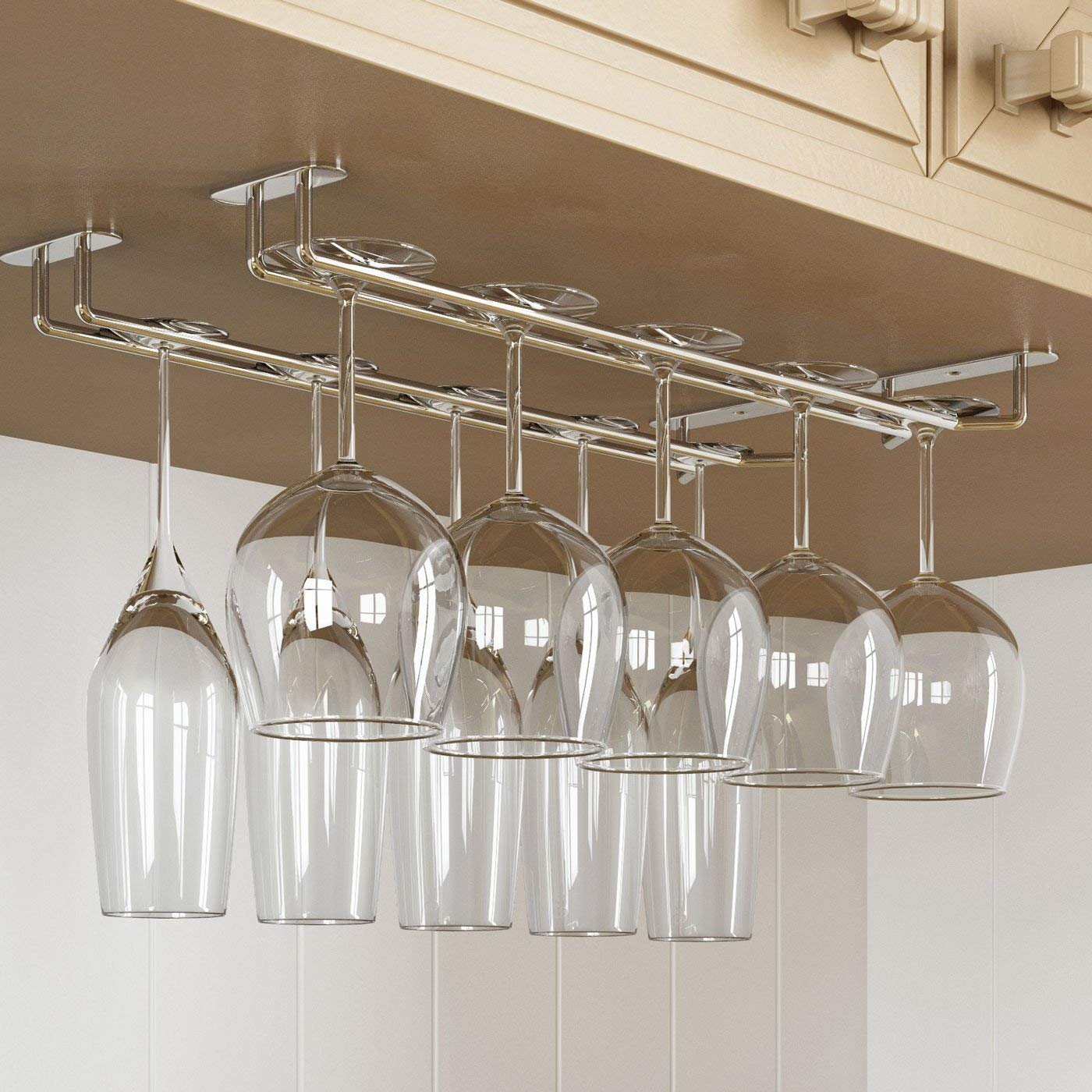 Greatstar Wine Glass Rack, Under Cabinet Wine Rack Glass Holder Stainless Steel Chrome Finish - Hanging Stemware Holder for Bar Kitchen (13inch)