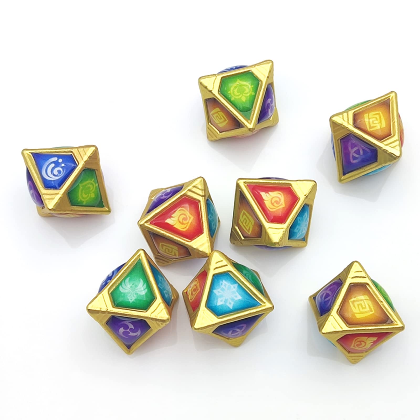 Genius Invokation Dice Set Sharp Edge Zinc Alloy Dice for Genshin Impact,Genshin Vision Polyhedral Role Playing Gaming Dice 8pcs
