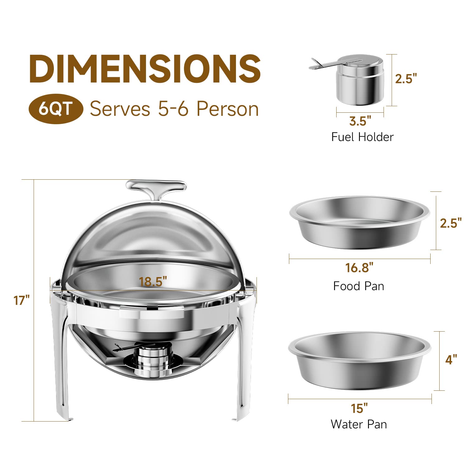 Halamine Roll Top Chafing Dish Buffet Set, 6 Quart Round Stainless Steel Chafer for Catering, Buffet Servers and Warmers for Parties Catering Event Wedding, Banquet, Events, Graduation