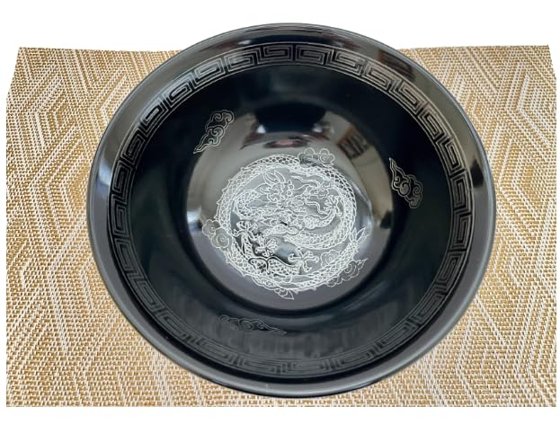 Japanese Black Glaze Silver Dragon 8.35 Inches Diameter Ramen Soup Ramen Noodle or Serving Bowl with Chopsticks