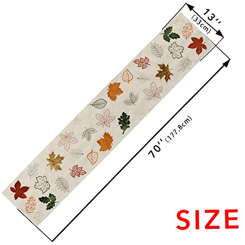 OWENIE Fall Table Runner 70 Inches Long, Embroidered Thanksgiving Table Runner for Fall, Autumn Harvest Farmhouse Linen Table Runner with Colorful Maple Leaves, 13 x 70 inches