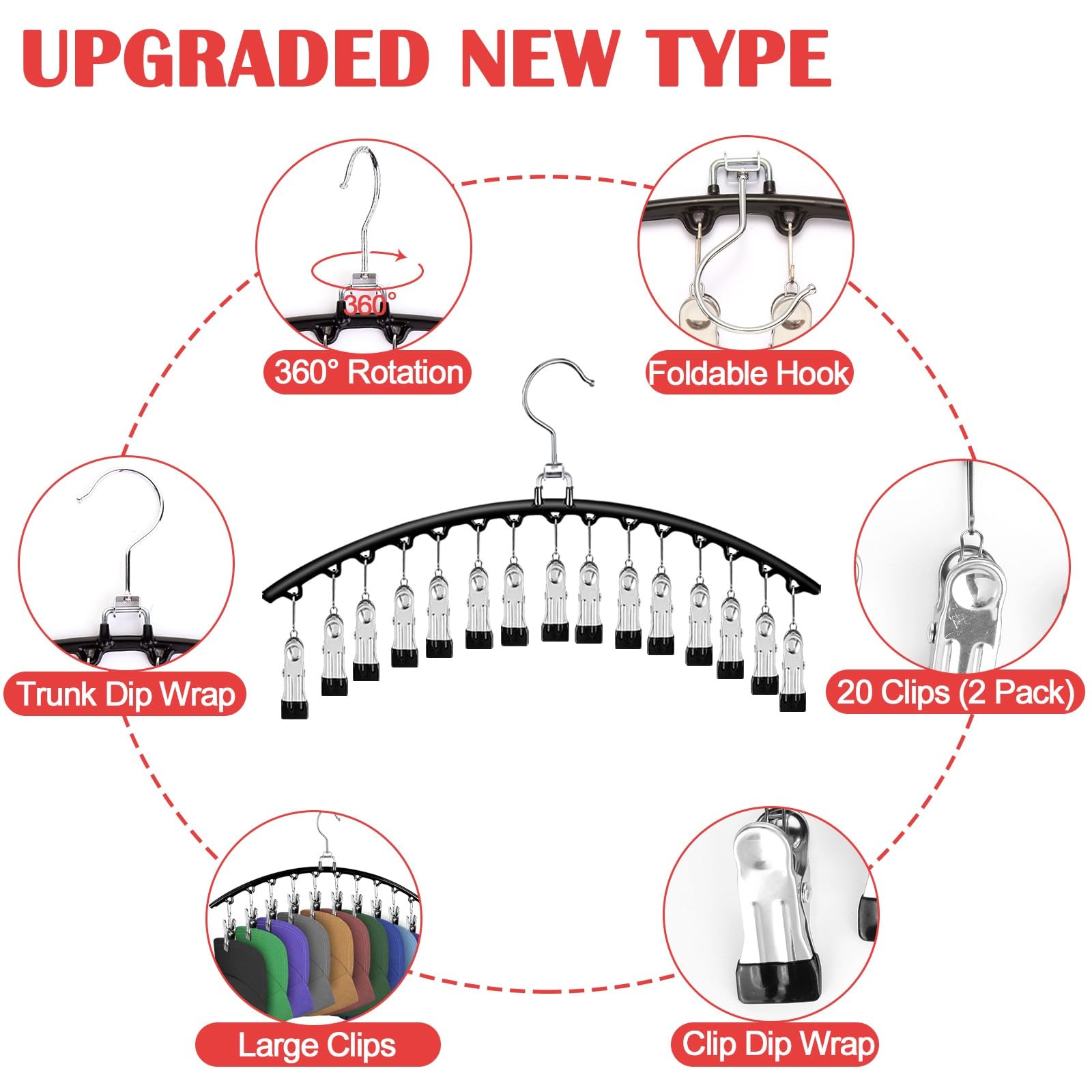 NAKBINX Hat Hanger for Closet, 2 Pack Metal Hat Organizer for Baseball Caps, 360° Rotation Hangers Space Saving with 30 Rubber Coated Clips, Foldable Hat Rack, Organizer&Display for Legging/Pant