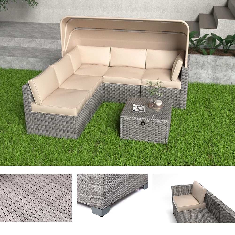 olimix 6 Rattan Pieces Patio Furniture Sets, Outdoor Daybed with Retractable Canopy, Outdoor Sectional Sofa Set with Adjustable Backrest, Chaise Chair Sunbed for Garden Patio Backyard(Grey)