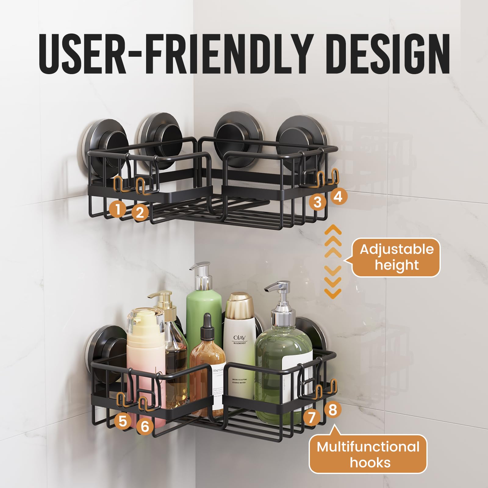 LEVERLOC Angle-adaptive Suction Cup Shower Caddy with Hooks, Heavy Duty Stainless Steel Shower Basket Organizer for Bathroom, Drill-Free Removable Rustproof Shower Rack, Black, 2 Pack