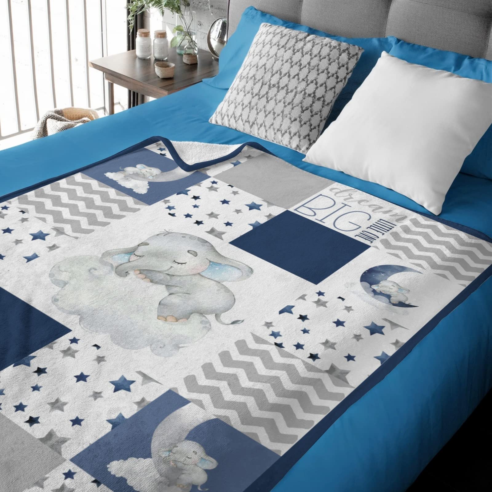 HawSkgFub Sleeping Elephant Star Baby Blanket Boys Gift Navy Blue, Dream Big Little One You Are So Loved Patchwork Flannel Fleece Nursery Bed Blankets, Soft Newborn Infant Toddler Crib Bedding 30 x 40