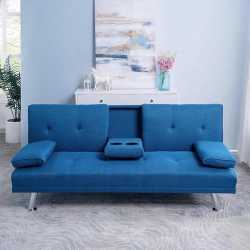 Naomi Home Blue Futon Sofa Bed, Linen Futon Couch with Armrest and 2 Cupholders, Pull Out Sofa Bed Couch with Metal Legs, Reclining Small Couch Bed, Blue Couches for Living Room