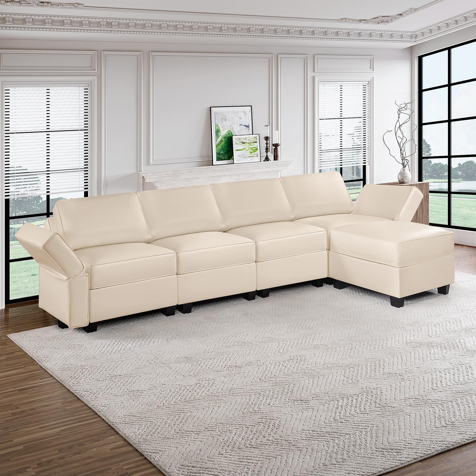 Naomi Home Sarah L-Shaped Sofa with Storage Seat Fabric Modular Sectional Couch Reversible Chaise L Couch Sectionnal Sofa, White, Air Leather