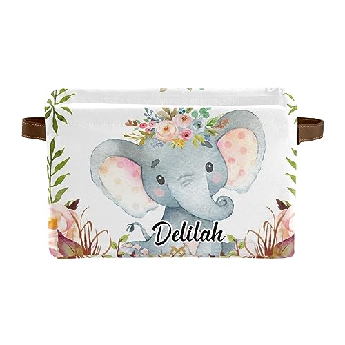 Girl Floral Elephant Personalized Storage Bins Baby Shelf Basket Custom Organizer with Handle for Bedroom Nursery Toy 1 Pack