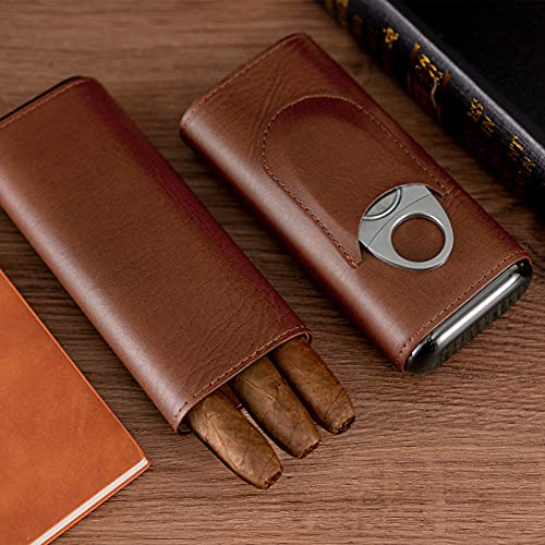 Oyydecor Cigar Case Cigar 3- Finger Carrying Case Set Cedar Wood Lined Leather, Cigar Humidor with Silver Stainless Steel Cutter (Brown)