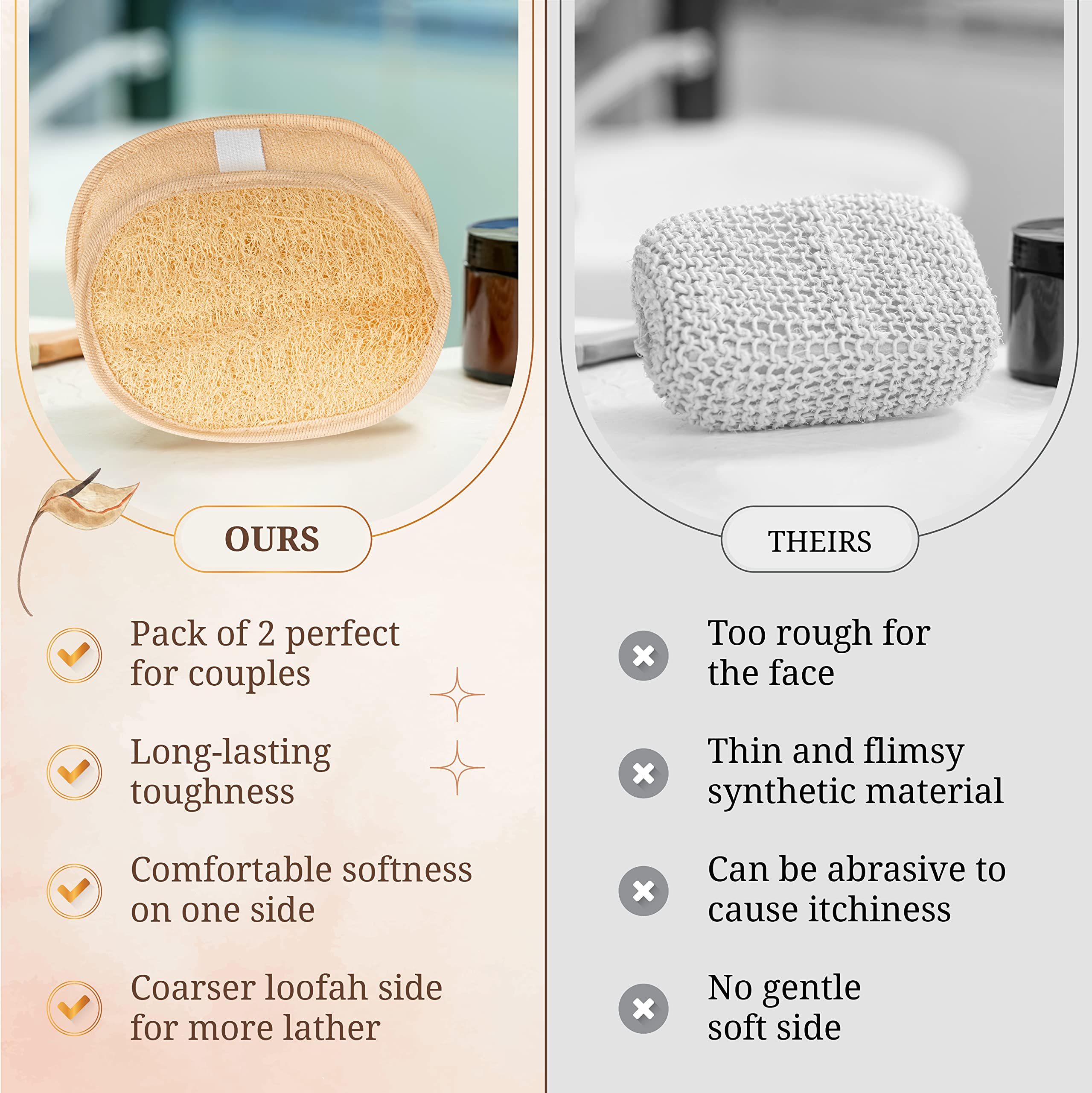 Egyptian Natural Loofah Pad Exfoliating Body Scrubber - Vegan Double Sided Luffa Sponges Deep Clean Your Body, Face & Back While an Exfoliating Washcloth Side Removes Oils - 6.9 x 4.7 Inches, 2 Pack