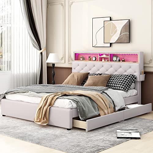 Queen Size Upholstered Platform Bed Frame for Boys Girls Kids Toddler with Storage Headboard, LED, USB Charging and 2 Drawers, Beige