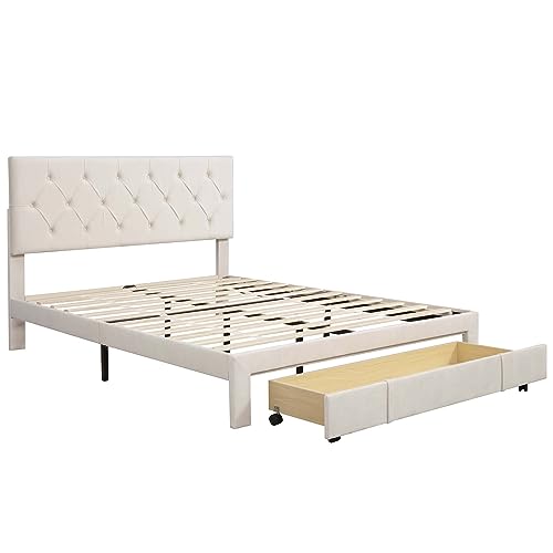 Queen Size Velvet Upholstered Platform Bed Frame with Headboard & Storage Drawer, Platform Bed with Sturdy Wooden Slats Support, No Box Spring Needed for Bedroom Small living Space (Beige, Queen)