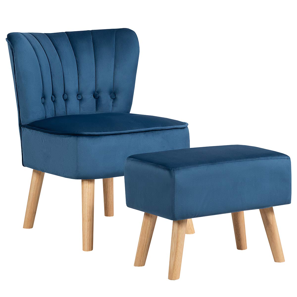 Giantex Modern Accent Chair Ottoman Set, Armless Slipper Sofa Chair with Footstool, Velvet Upholstered, Button Tufted, Single Chair and Ottoman for Living Room/Bedroom/Home Office (Blue)