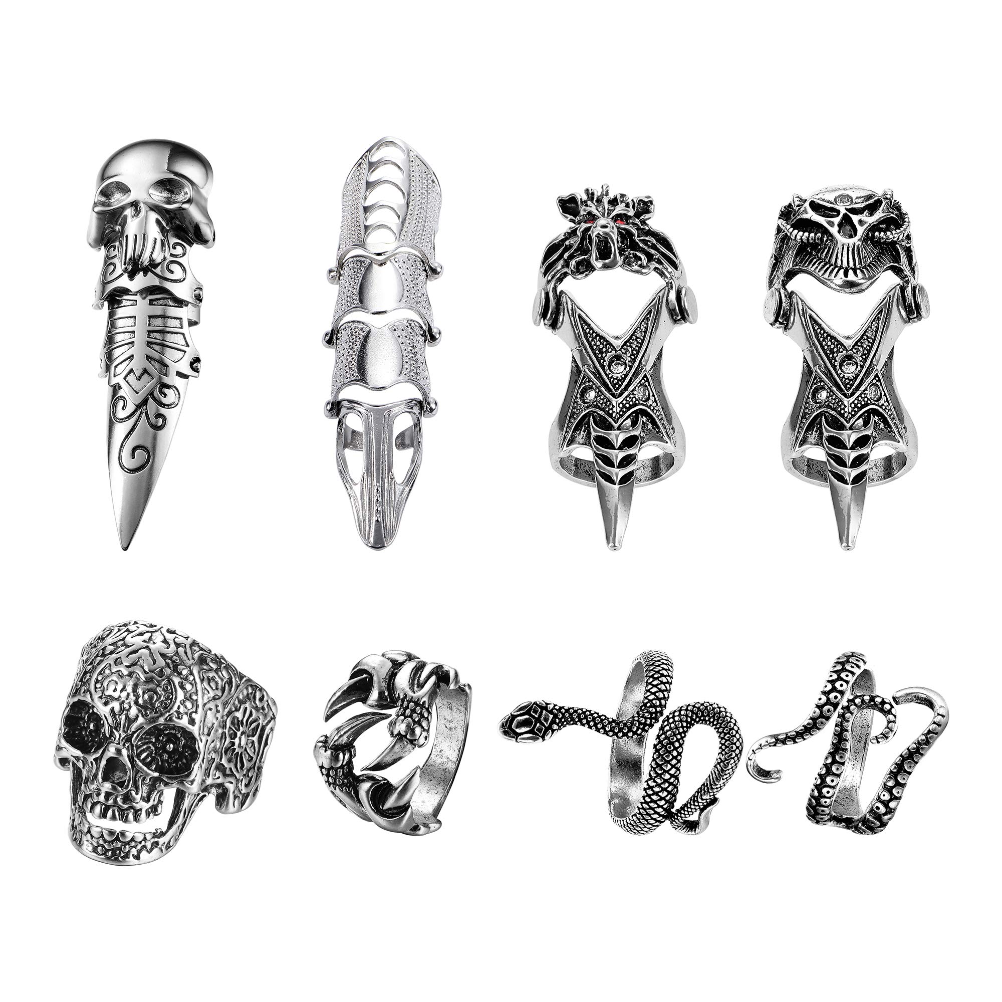 FIASASO 8Pcs Vintage Punk Rings for Men Women Gothic Octopus Dragon Claw Snake Wolf Skull Rings Open Adjustable Rings Set Jewelry