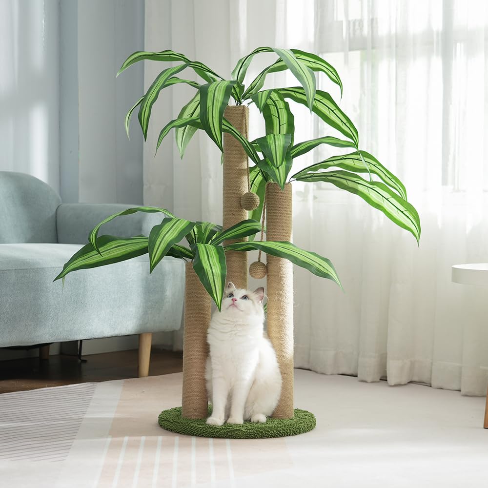 LEMONDA 31.5Inch Cat Scratching Post,Cat Scratcher Tree with 3 Scratching Poles & 2 Interactive Dangling Balls,Cats Scratching Posts for Indoor Kitten & Adult Cats