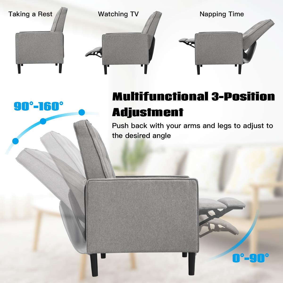 Giantex Set of 2 Push Back Recliner Chair, Modern Fabric Recliner w/Button-Tufted Back, Accent Arm Chair for Living Room, Bedroom, Home Office (Grey)