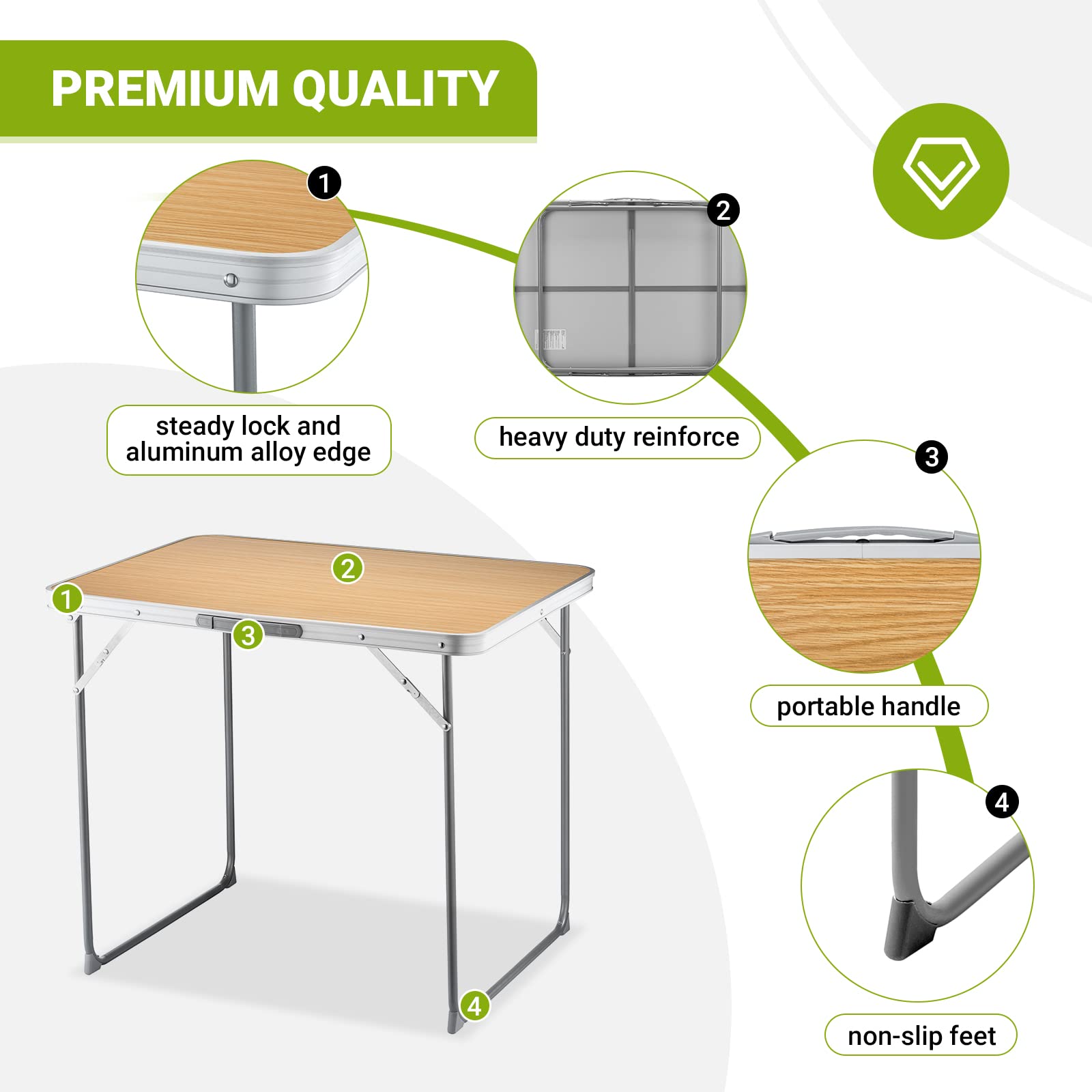 FUNDANGO Folding Table, Portable Picnic Camping Table, Reinforced Steel Frame Folding Card Table with Handle, Easy to Carry and Clean, Great for Outdoor Beach BBQ Backyard, Black