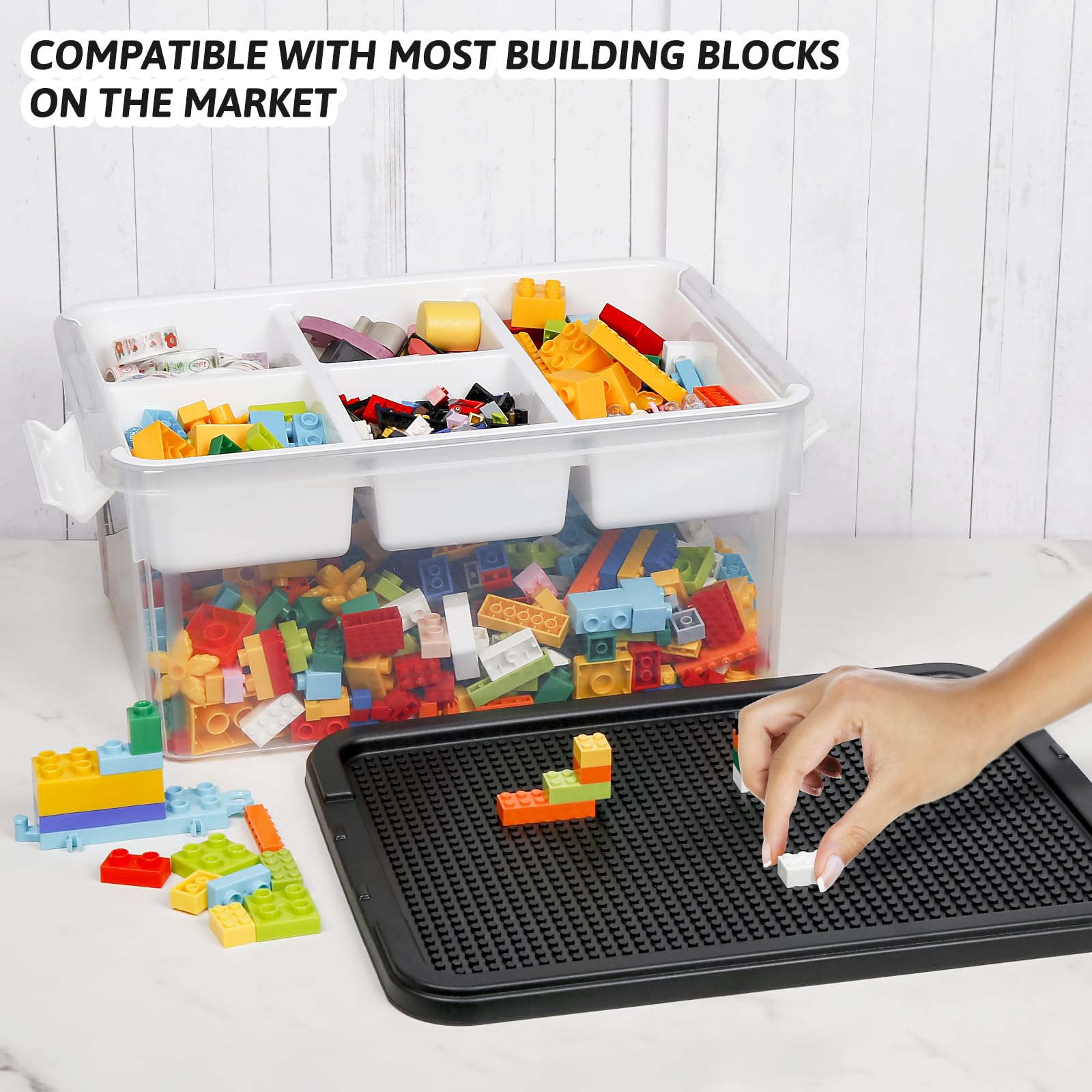 Loobuu 3 Pack Art Craft Storage Organizer Box with Building Baseplate Lid and Removable Tray-17QT Clear Plastic Stackable Container Bin for Organizing Toy/Sewing/Bead/Tool/Playdoh(15.94"x11.61"x7.28")