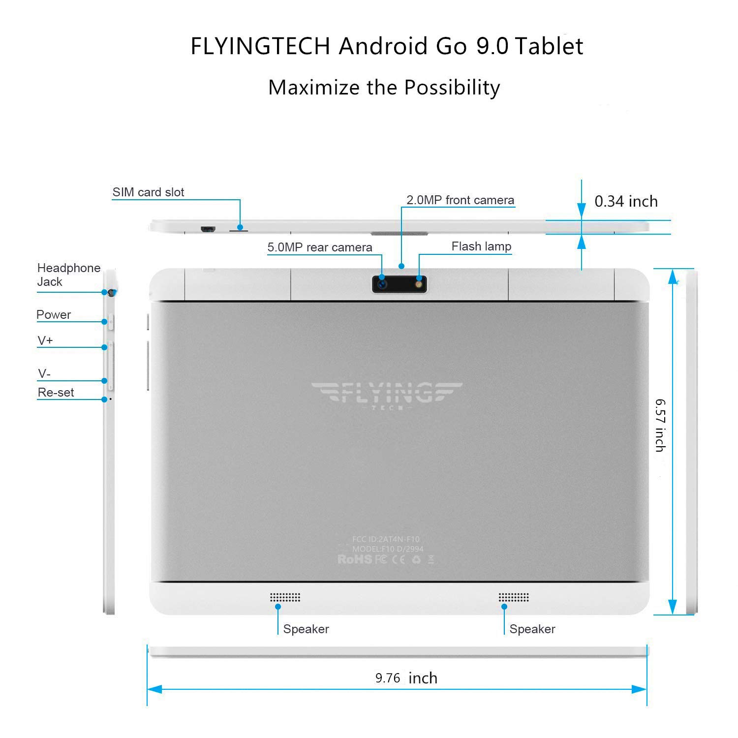 FLYINGTECH Android Tablet 10 Inch, 3G Phone Tablets with 32GB Storage, Dual SIM Card Slots, Quad-Core Processor, HD Touchscreen, WiFi, Bluetooth, GPS - Silver