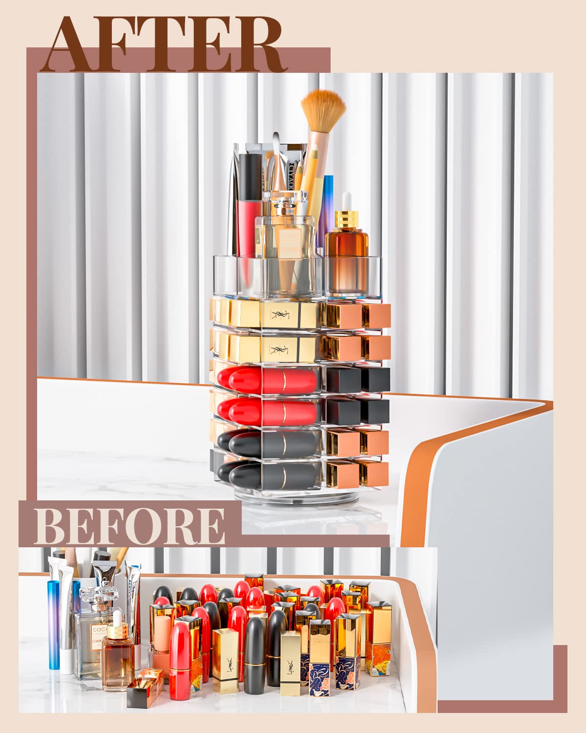 lexvss Lipstick Holder Organizer, 53 Slots Lip Gloss Storage Organizer, Rotating Cosmetic Lipsticks Display Stand Tower for Vanity Countertop Makeup Dresser Counter