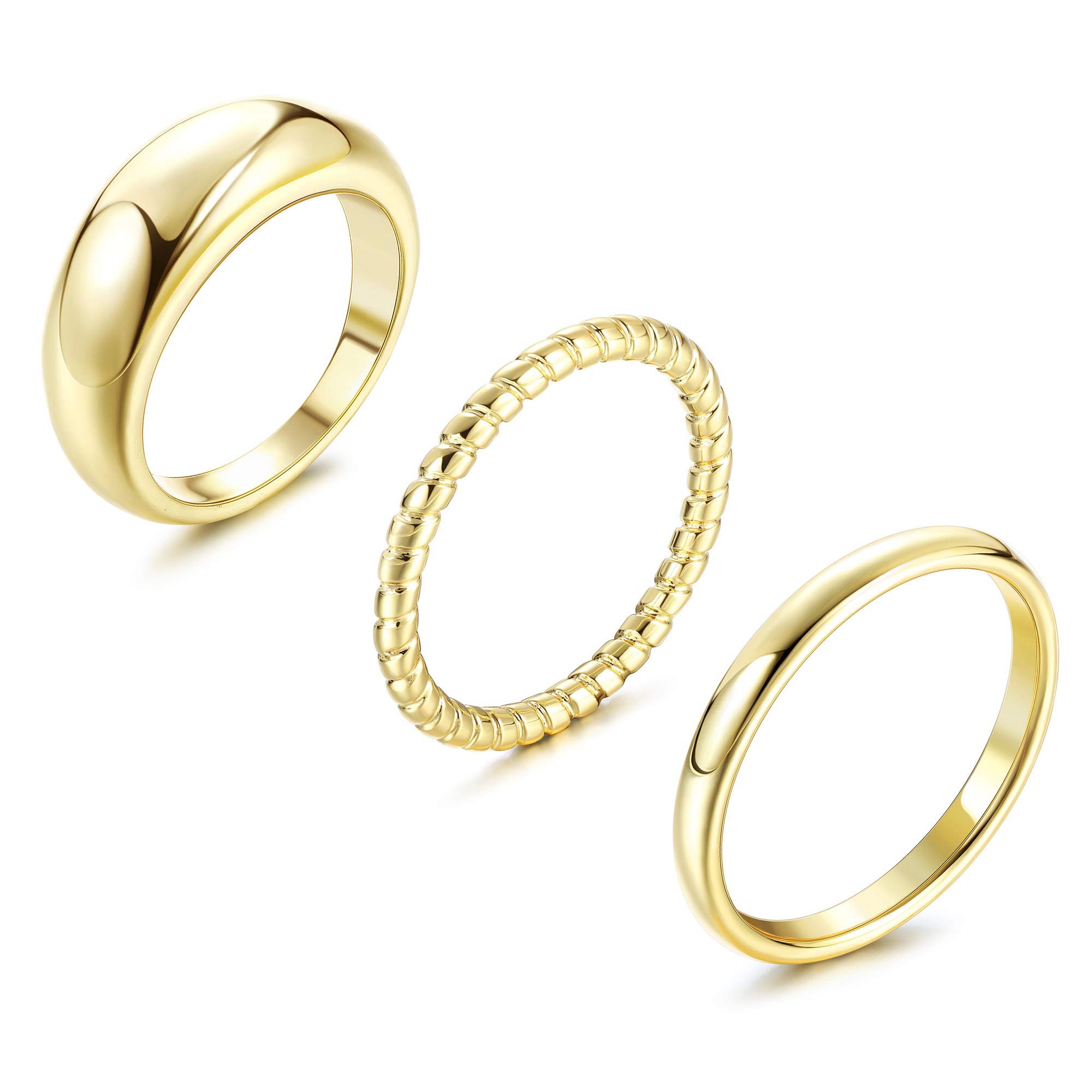 FIBO STEEL 3Pcs Chunky Gold Ring for Women Egirls 18K Gold Plated Thick Dome Rings Thin Twisted Stacking Band Rings Minimalist Statement Ring Size 6-10