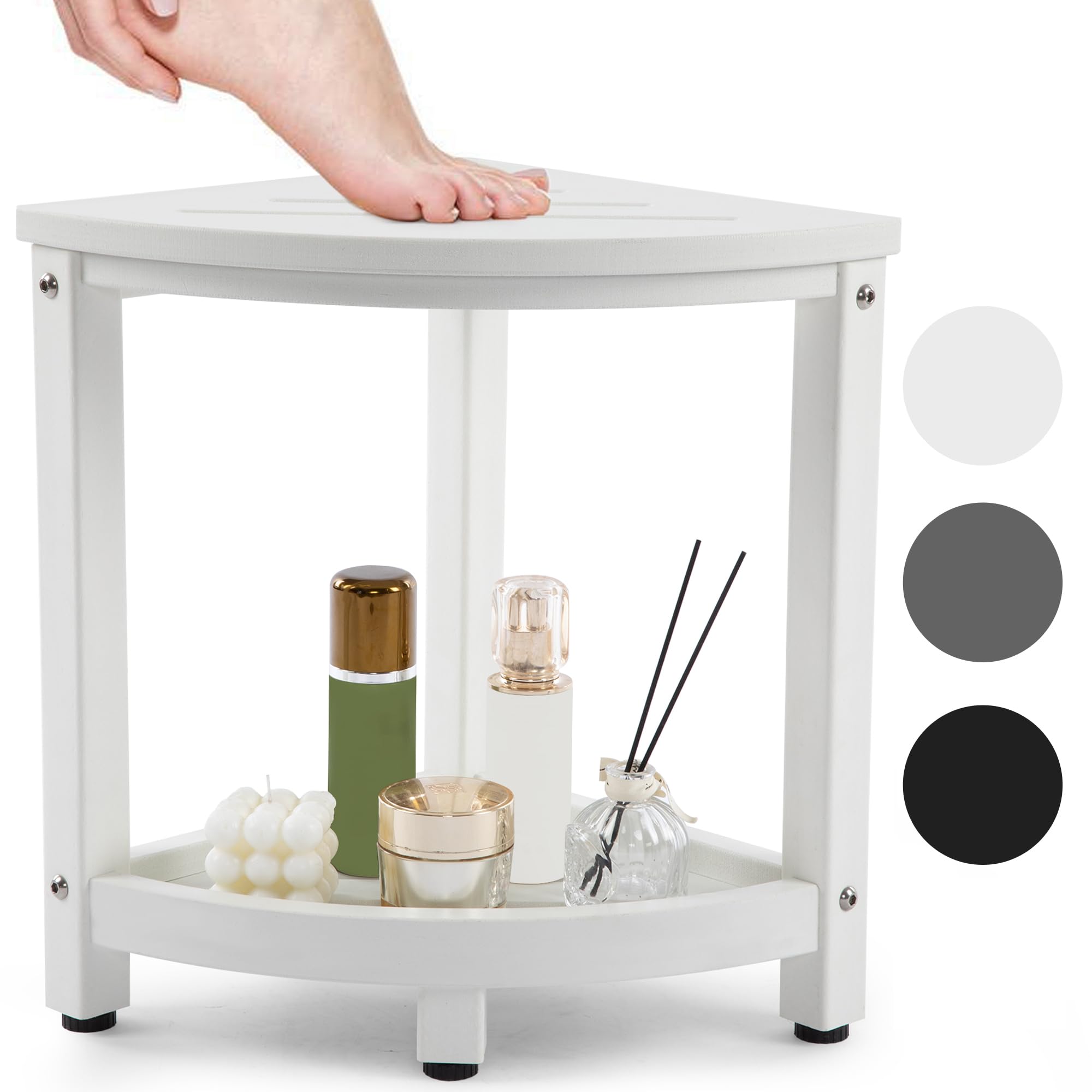 ONSGLM Shower Stool for Inside Shower, Corner Shower Bench Seat, HDPE Waterproof Shower Stool for Shaving Legs with Baffle Storage Shelf, Shower Seat/Foot Rest for Bathroom, Indoor/Outdoor Use, White
