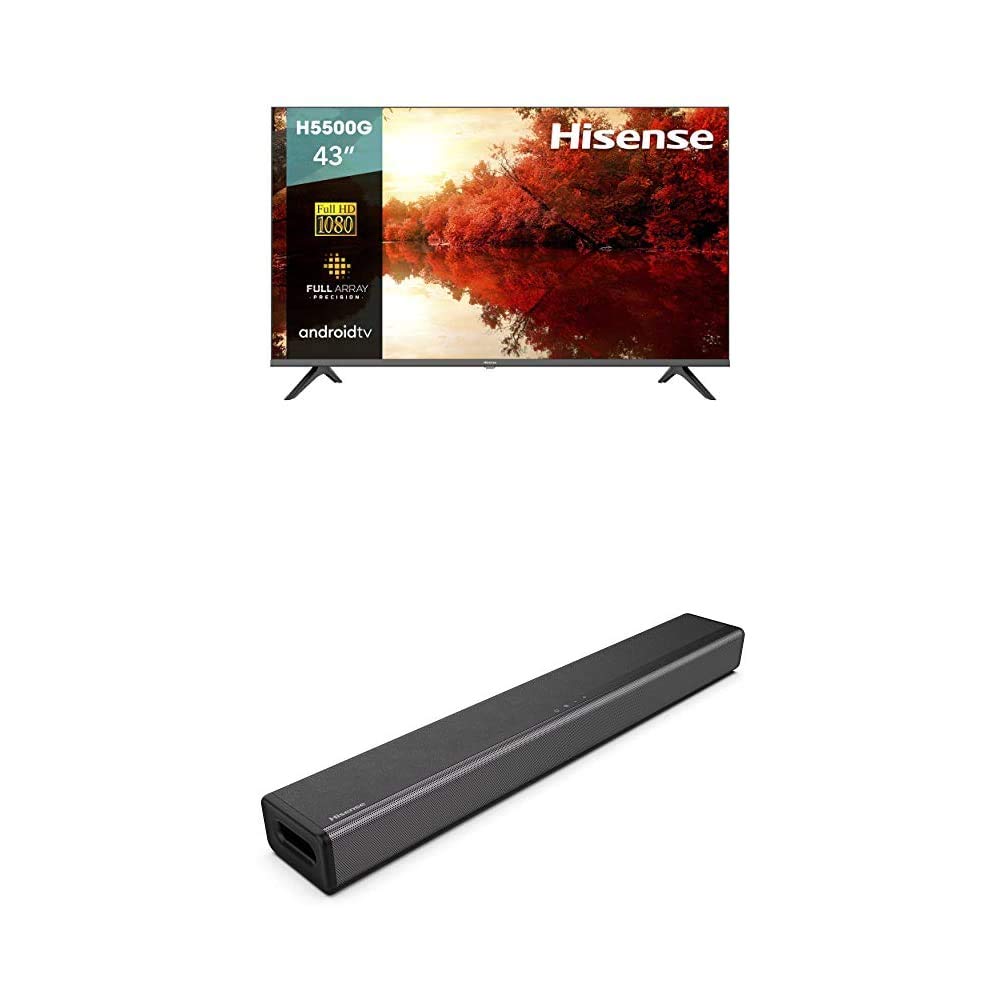 Hisense 43-Inch 43H5500G Full HD Smart Android TV with Voice Remote (2020 Model) and 2.1 Channel Sound Bar Home Theater System with Bluetooth (Model HS214)