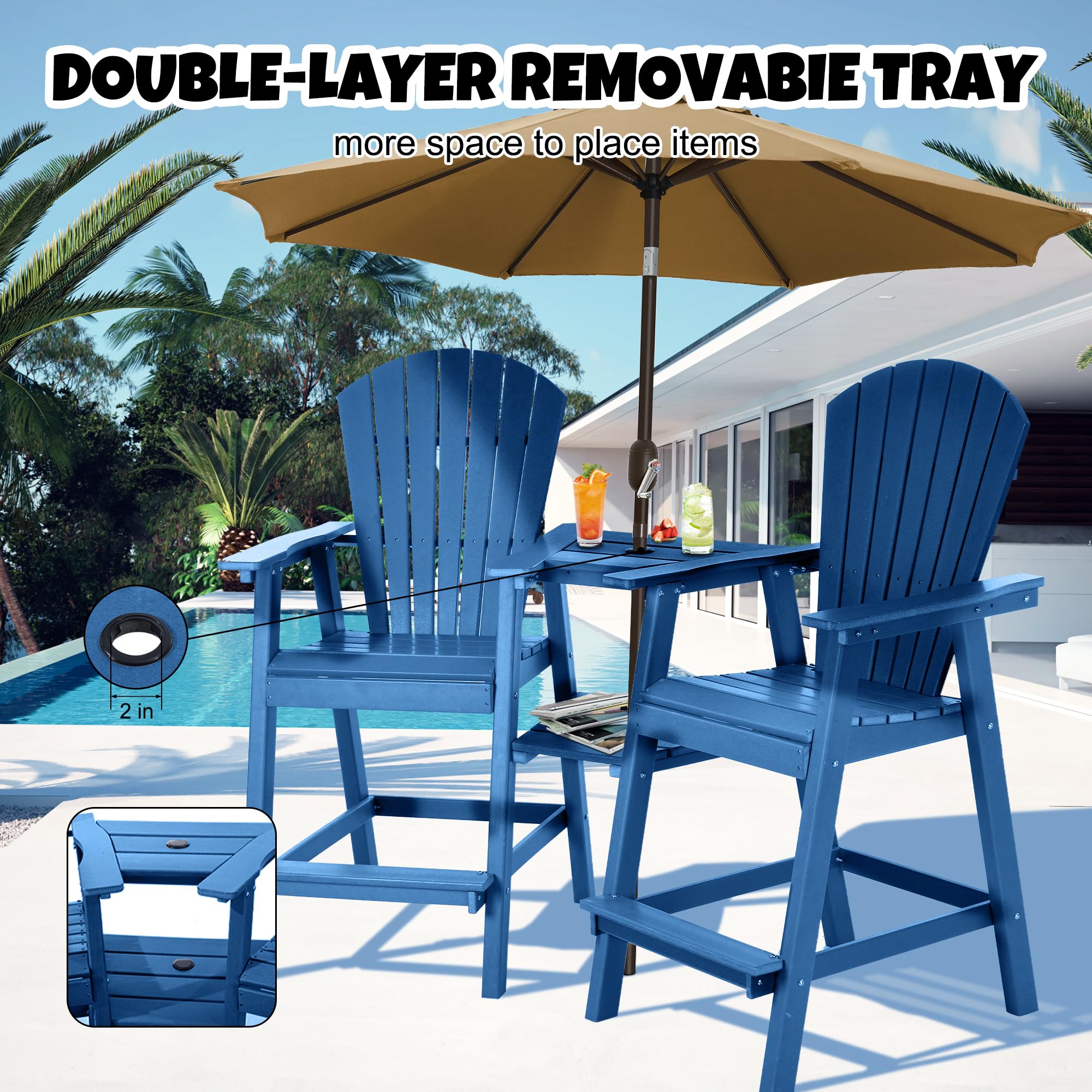 NCGVKS Tall Adirondack Chair Set of 2,HDPE Balcony Chair with Double Connecting Tray,Adirondack Bar Stools Weather Resistant Poly Deck Chairs for Patio Backyard Poolside 360LBS Capacity Blue