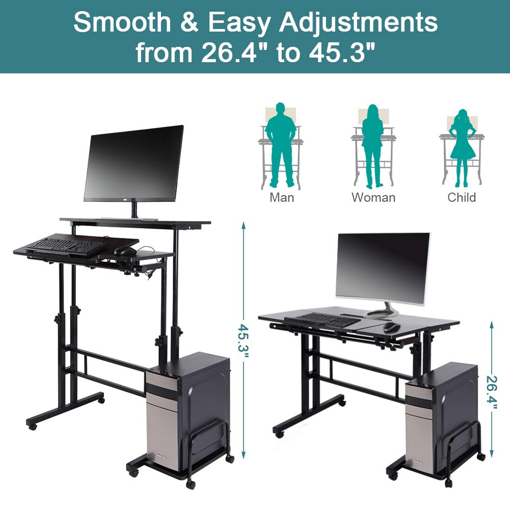 Ejoyous Height Adjustable Standing Desk, Mobile Computer Cart Sit-to-Stand up Laptop Table Workstation with Lockable Rolling Wheels for Home Office Small Places
