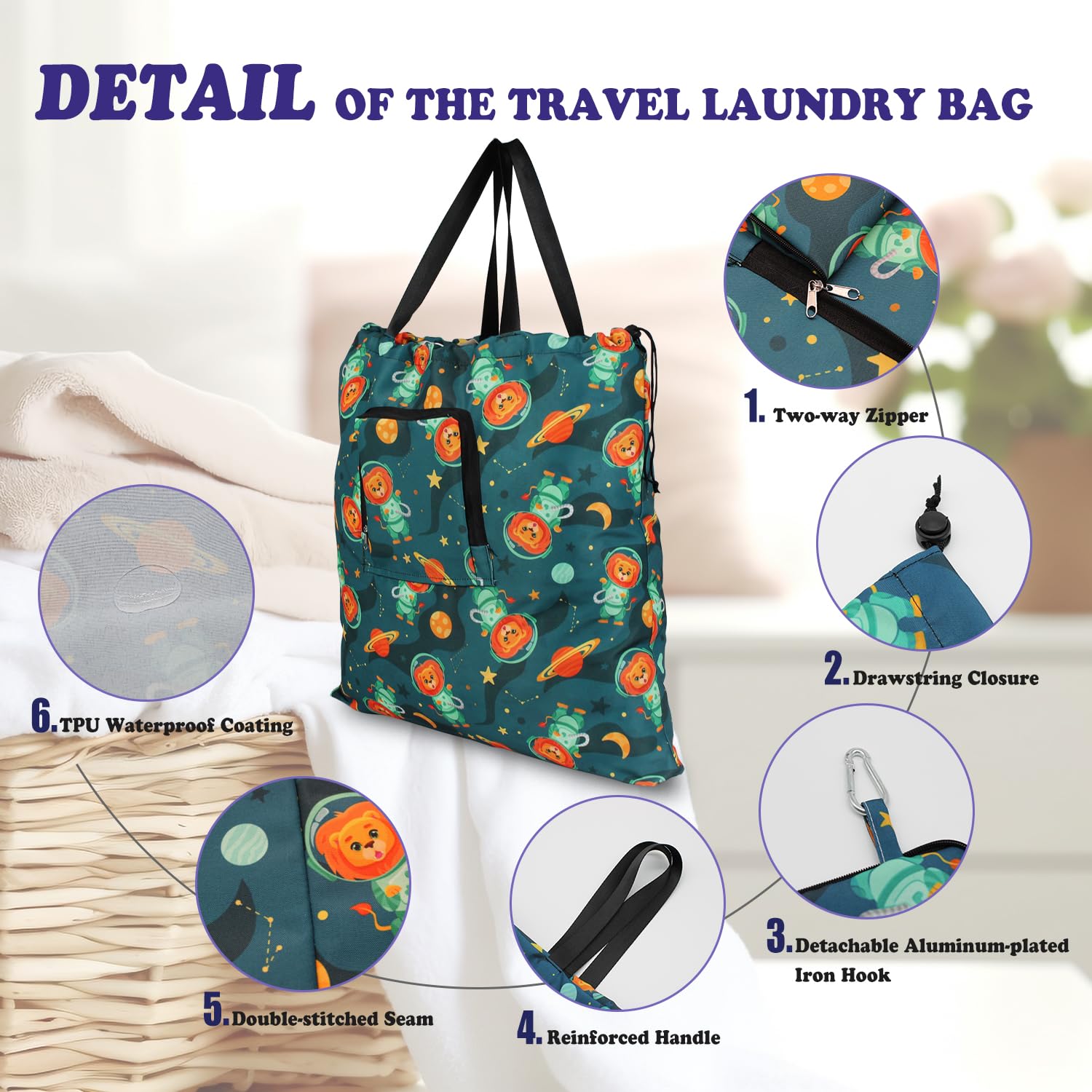 STOINSTO Foldable Travel Laundry Bag with Handle and Drawstring, 2 Pack Expandable Dirty Clothes Bags with Aluminum Carabiner and Zipper, Lightweight Laundry Hamper Liner for Travel, Camp, 20*19 inch