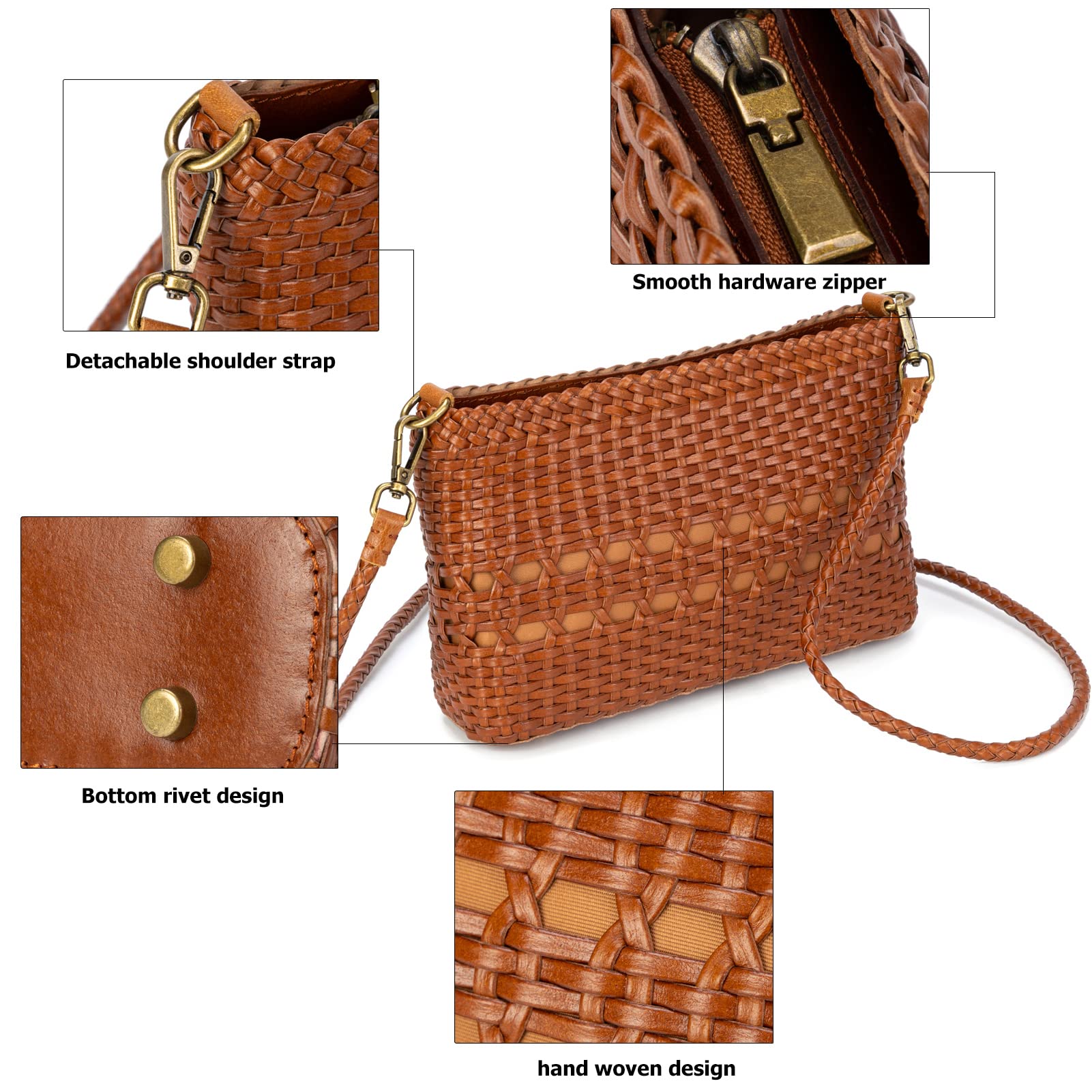 Genuine Leather Handmade Woven Crossbody Bag for Women Vintage Shoulder Handbag (light brown)