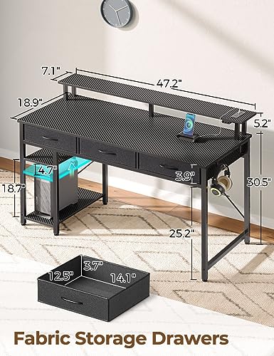 Rolanstar Computer Desk with Power Outlets & LED Light, 47 inch Home Office Desk with 3 Drawers and Storage Shelves, Writing Desk with Monitor Stand, Modern Work Desk for Home Office, Carbon Black