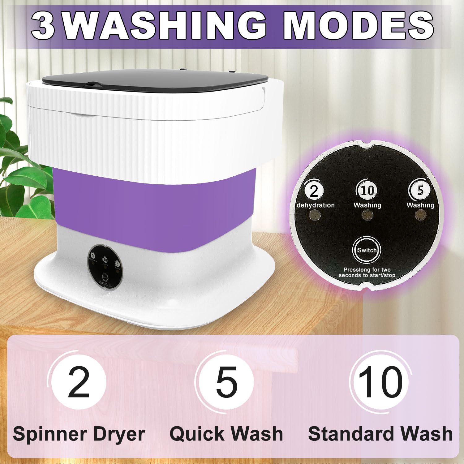 Mini Portable Washing Machine with Spin Dry, 13L Foldable Small Washer,Compact Laundry Lavadora Portatil for Underwear, Baby Clothes, Socks or Small ltems, Dormitory, Apartments, Travel, Purple
