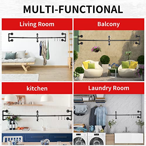 Rebala Industrial Pipe Clothing Rack 70.86" Length,Wall Mounted Clothes Rack,Max Load 132Lb Metal Commercial Garment Bar Space-Saving,Laundry Room Decor,Multi-Purpose Hanging