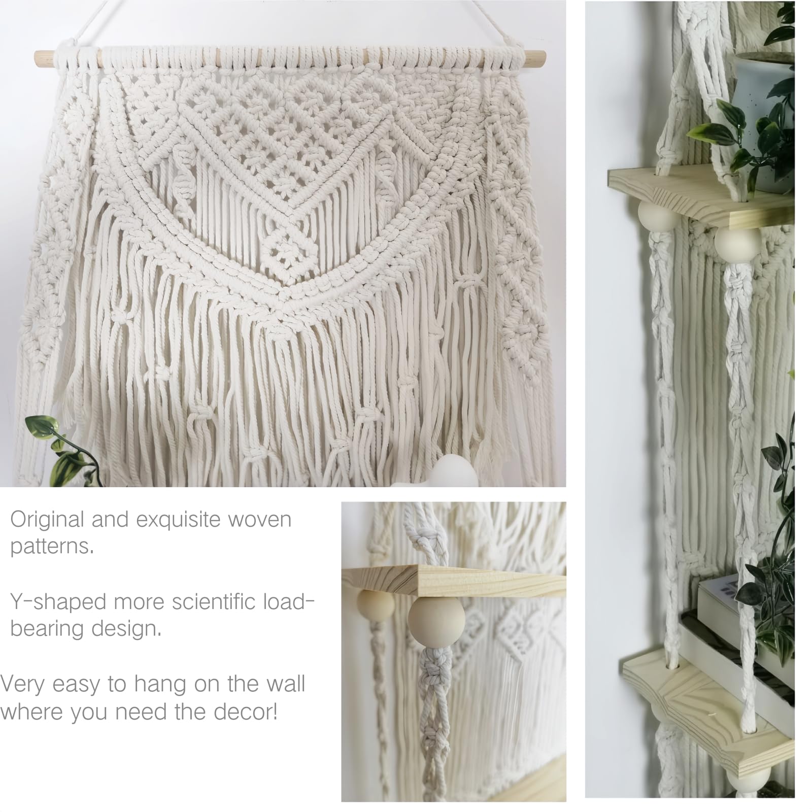MELLAQUEST Macrame Wall Hanging Shelf - 2 Tier Boho Shelves with Woven Rope Handmade Floating Plant Shelf, Bohemian Home Decor,Shelf Organizer for Kitchen, Living Room,Bedroom,Bathroom(17.7" x 42.5")