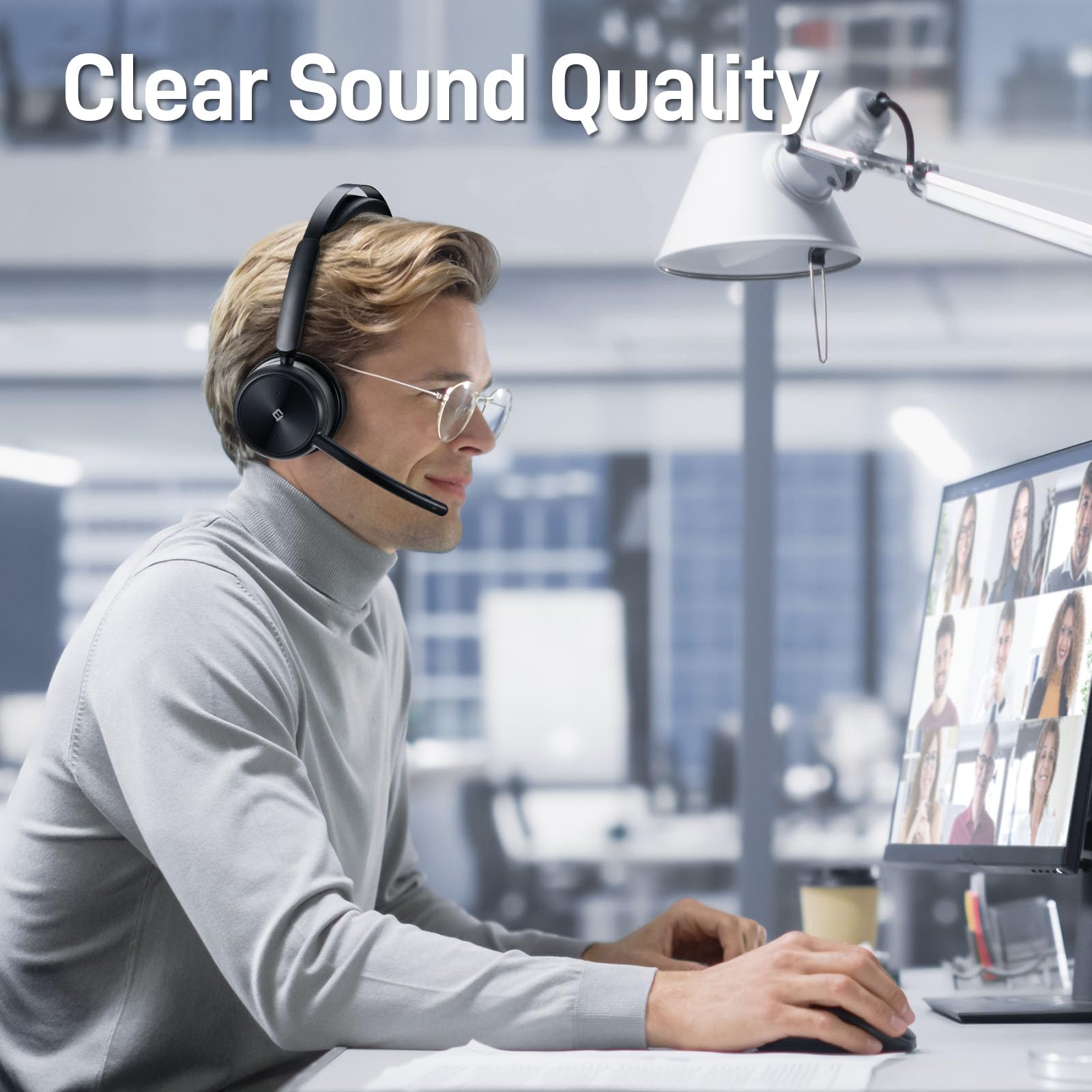 EMEET Wireless Headset, HS80 Bluetooth Headset with Noise Canceling Microphone, 46 hrs Work Time, Charging Base, Mute Button, 2.4G Wireless Dongle/USB, Wireless Headphone for PC/Call Center/Zoom/Skype