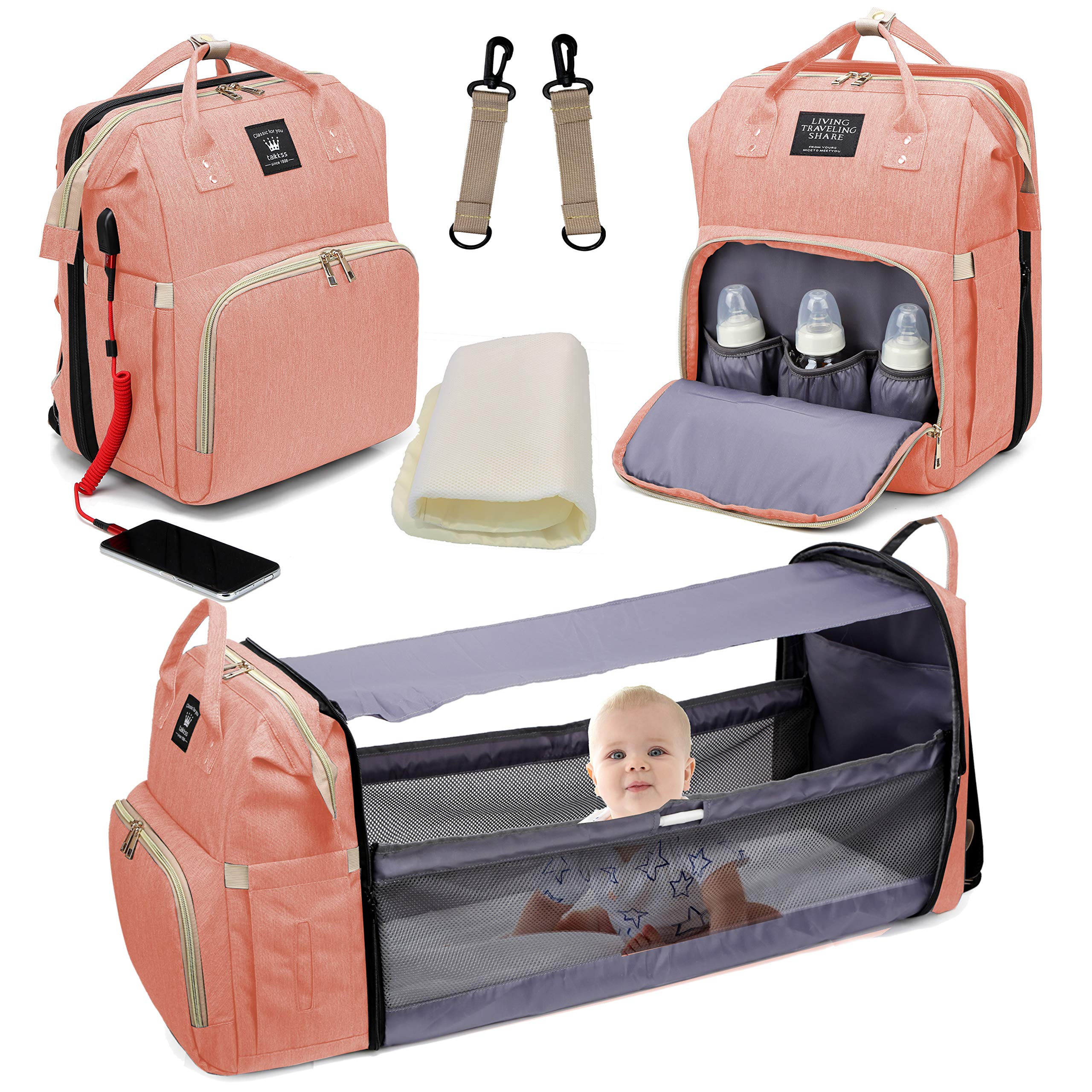 Lamroro Diaper Bag Backpack, Baby Nappy Changing Bags Multifunctional Travel Backpack with Changing Station, Large Capacity, Waterproof, Sunshade, Built-in USB Charging Port Stylish Pink